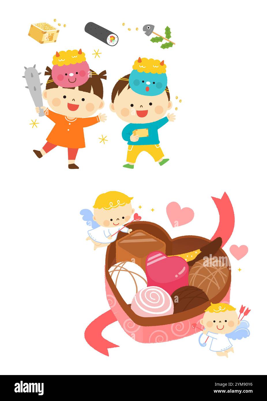 Children doing bean-throwing, Valentine chocolates and angels Stock ...