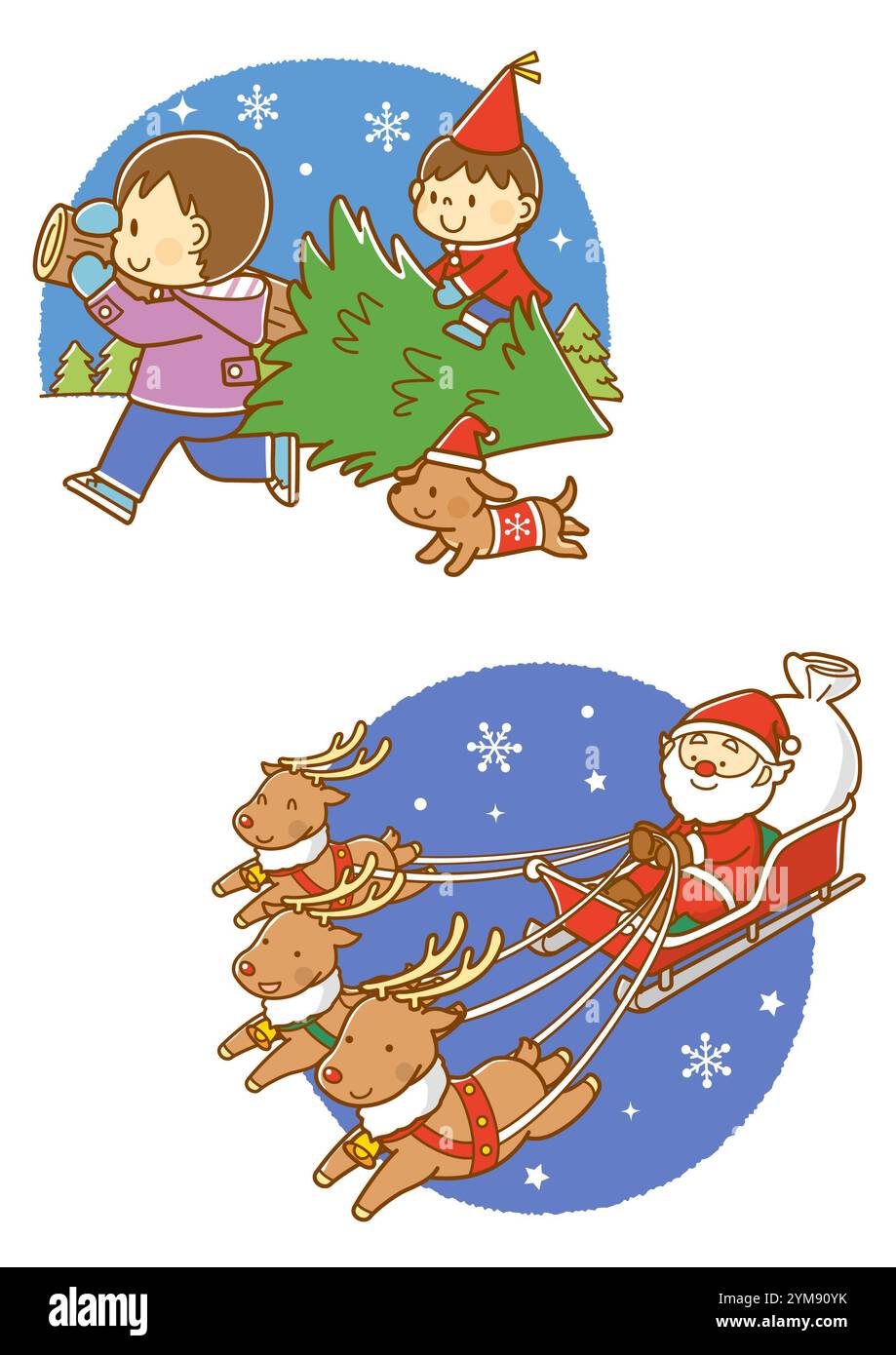 Child carrying Christmas tree, Father Christmas on sledge Stock Photo ...