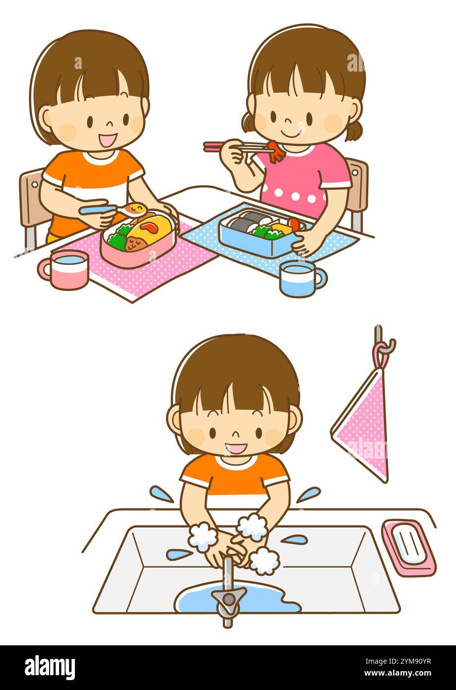Girl eating lunch,Girl washing hands Stock Photo - Alamy