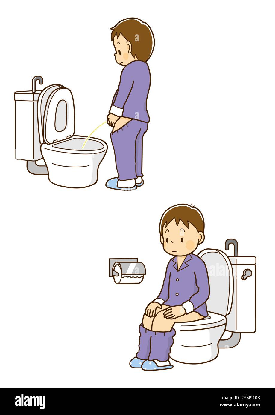 Boy doing his business in a Western-style toilet, boy sitting on a ...