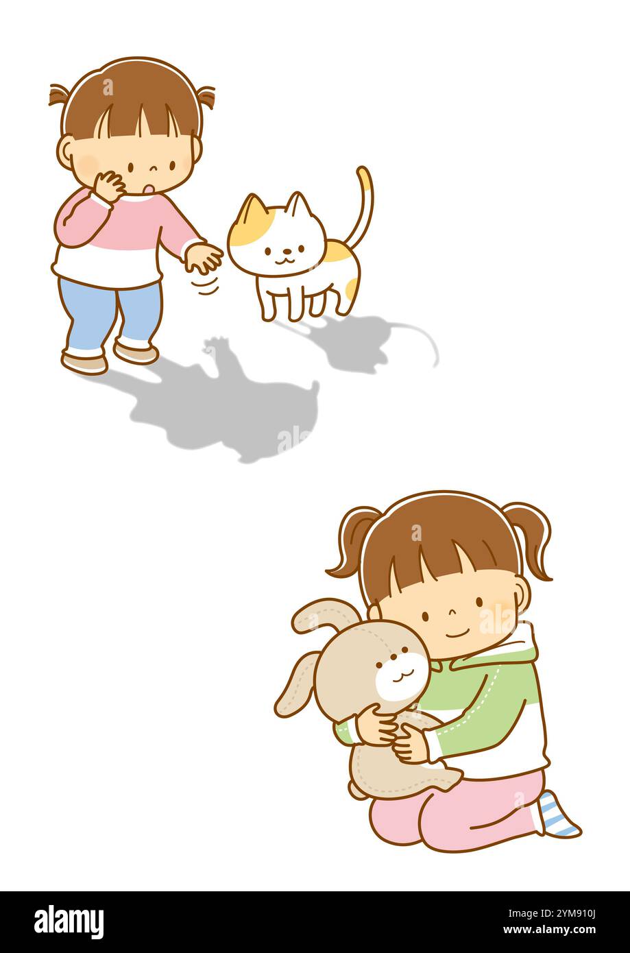 Child and cat pointing to their own shadow, girl holding a stuffed ...