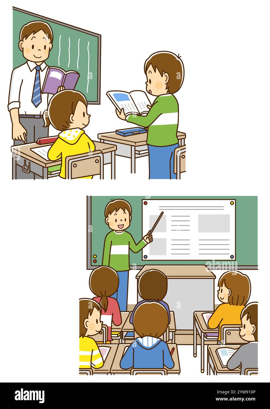 A boy reading his textbook as his teacher reads, and a boy standing in ...