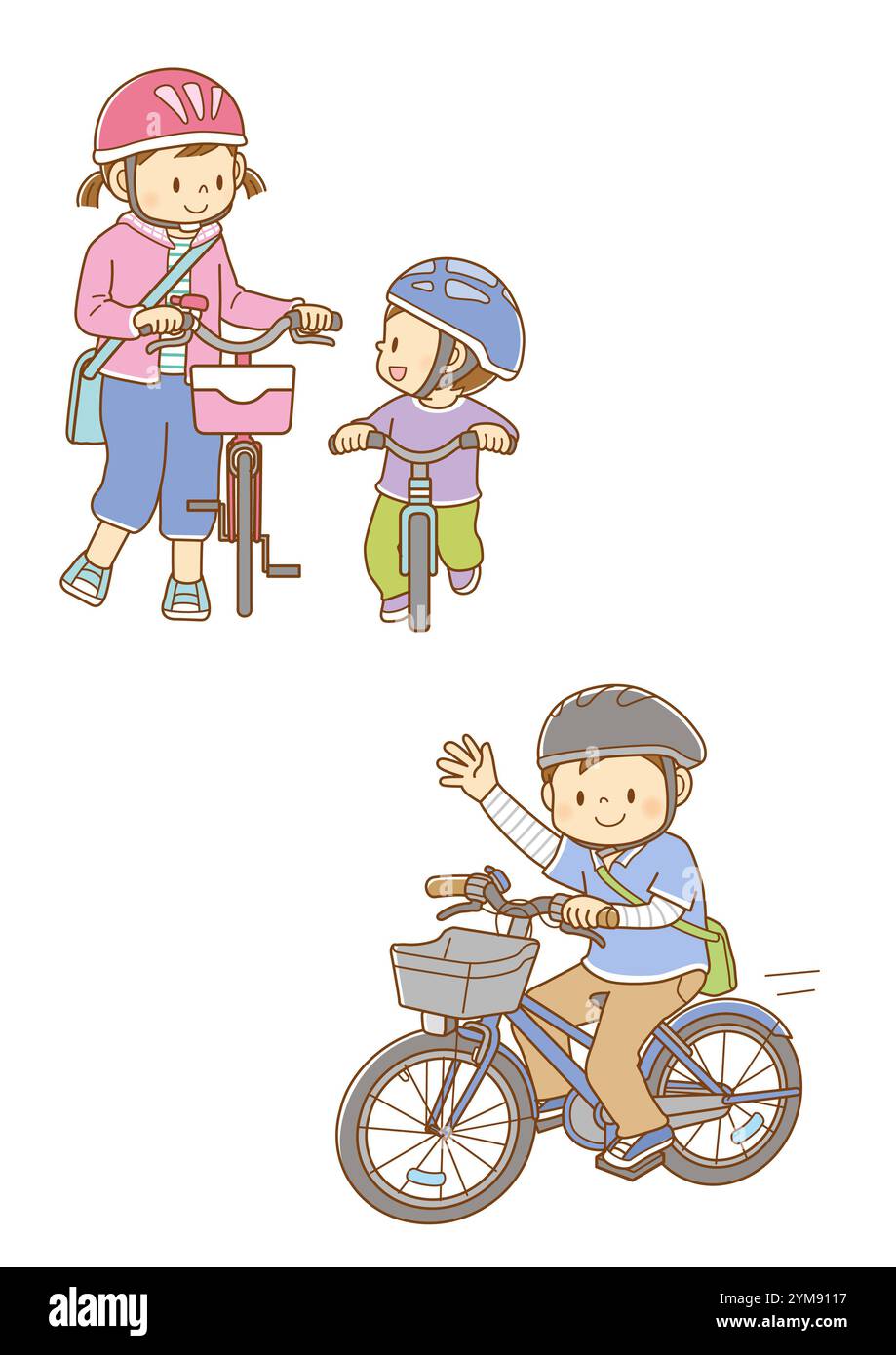 Girl pushing bicycle and boy riding running bike, boy riding bicycle ...