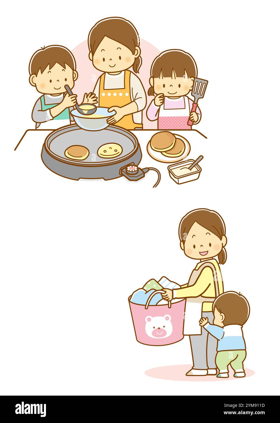Parent and child cooking pancakes, child spoiling mom Stock Photo - Alamy
