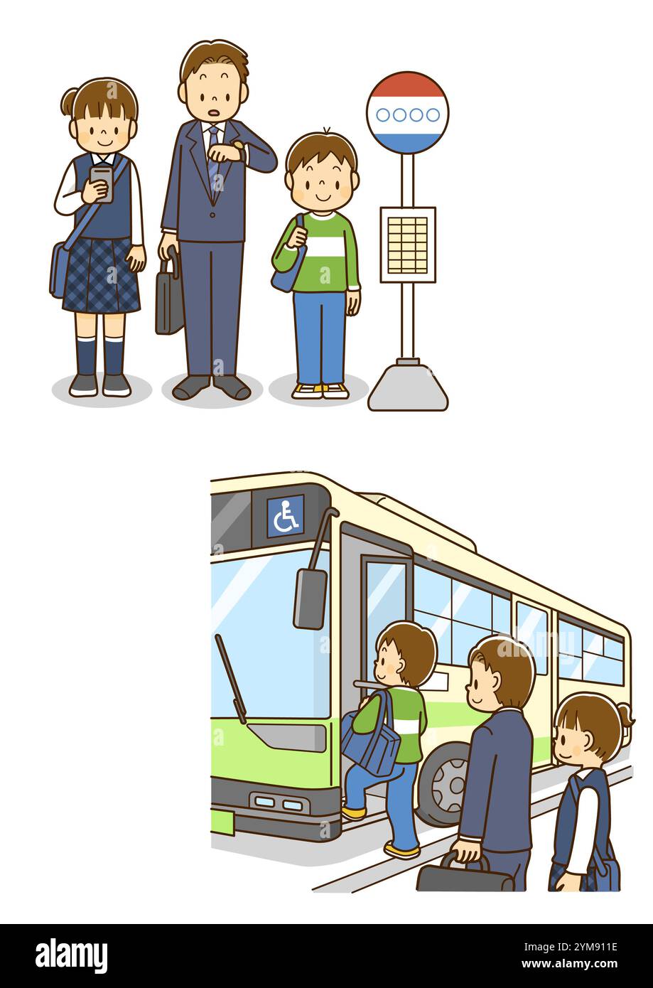 Boys waiting in line at bus stop for bus, boys boarding bus Stock Photo ...