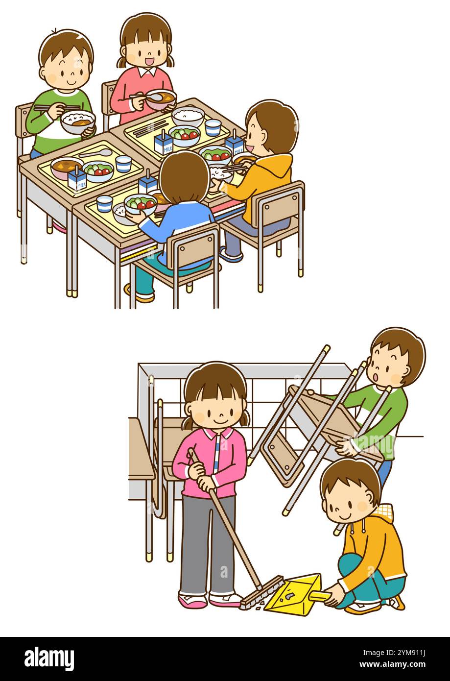 Primary schools students eating school lunch in groups, primary schools ...