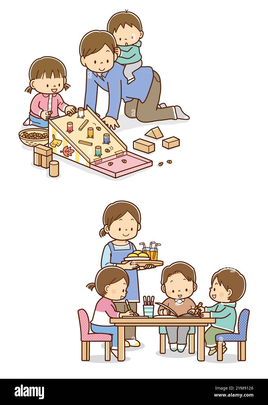 Parents and children playing with acorns, children playing and mothers ...