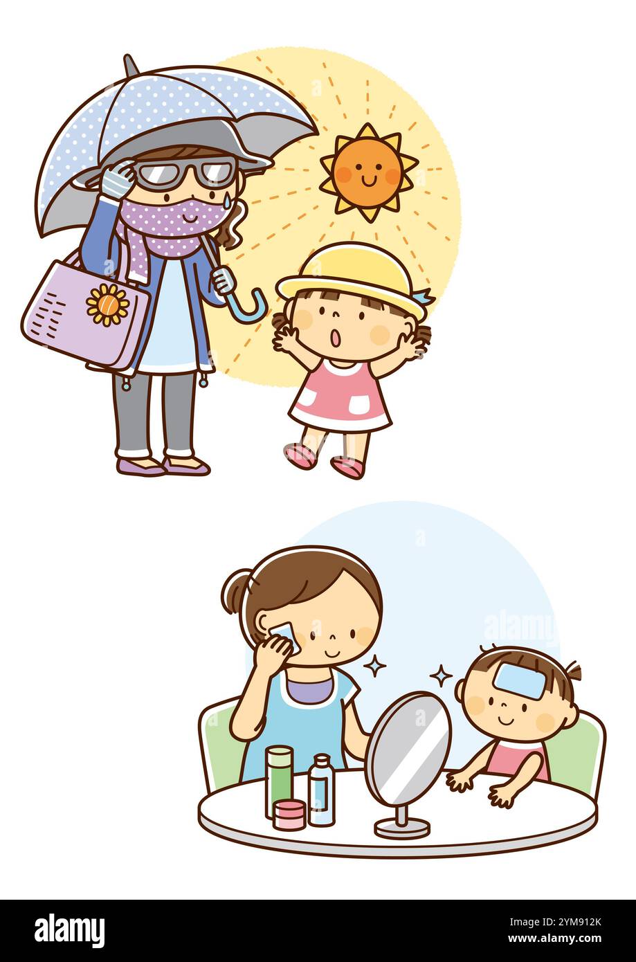Mother and child applying sun protection, parents and children caring ...