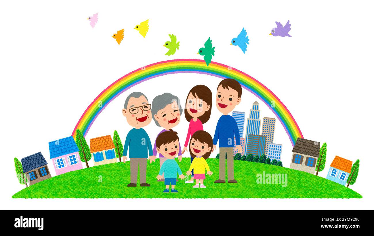 A residential area with a rainbow of birds in flight and a three ...