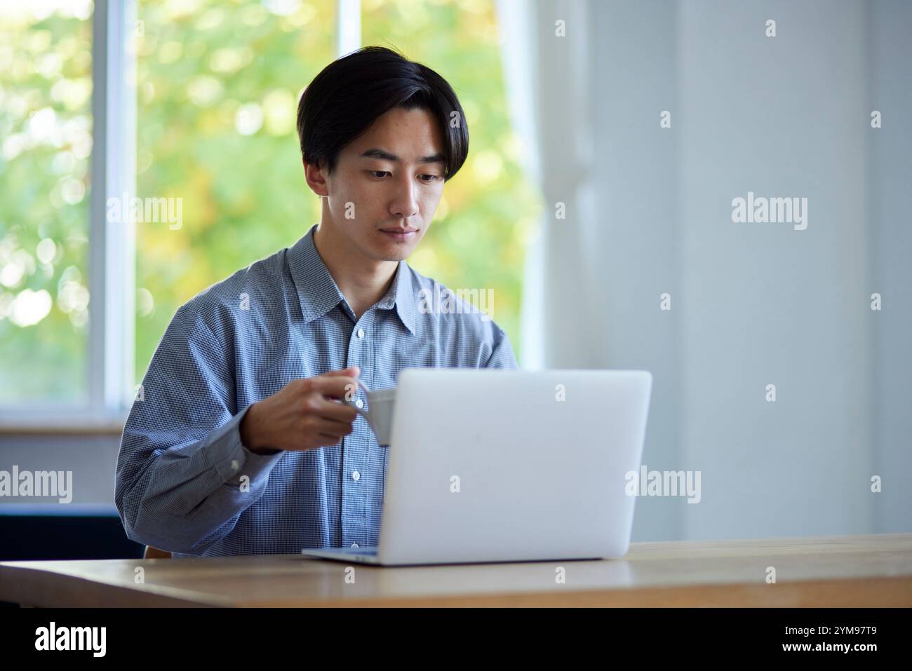 Male Japanese university student using computer in living room Stock ...
