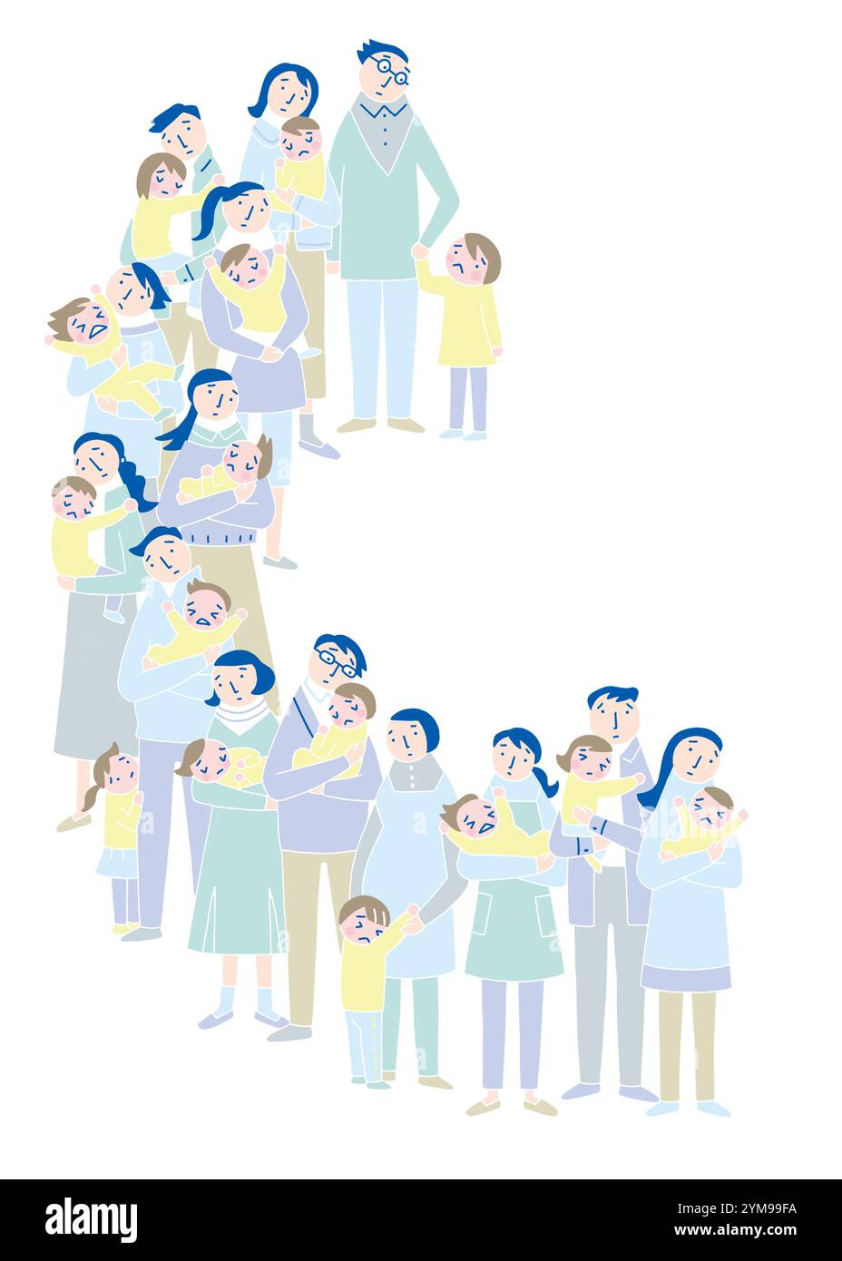 Parents standing in line holding their children with worried faces ...