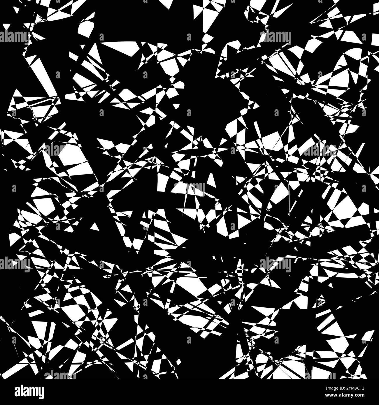 A dynamic black-and-white abstract design featuring sharp geometric shapes and intersecting ...