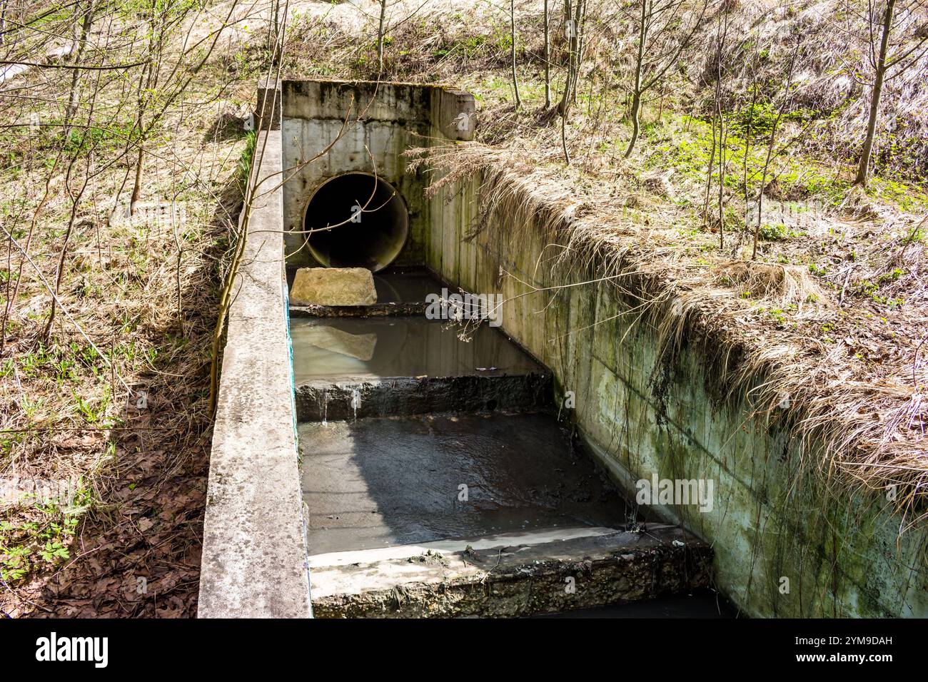 Concrete channel coming from a drainage collector through which muddy ...