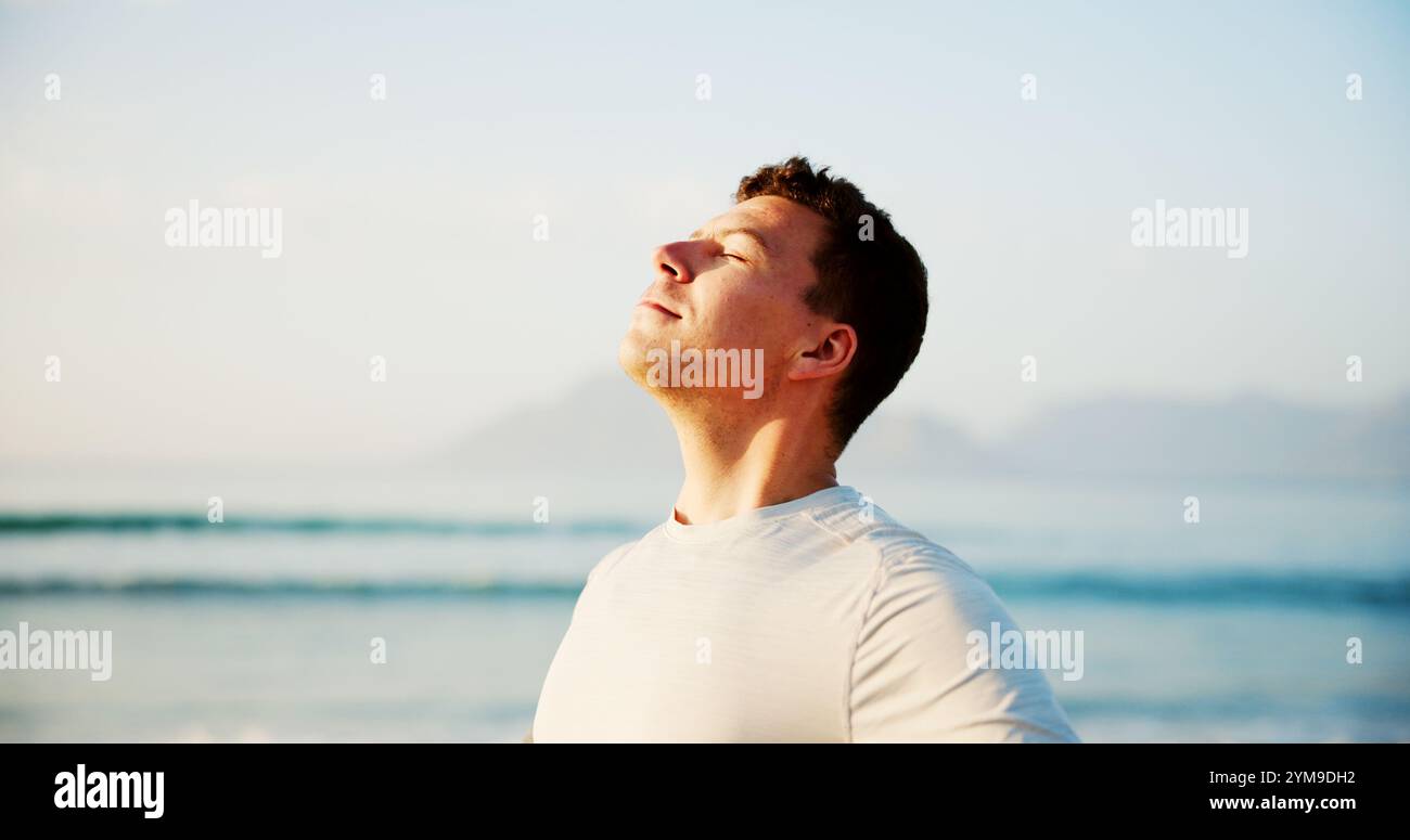 Man, breathing and beach for vacation, travel and outdoor for peaceful ...