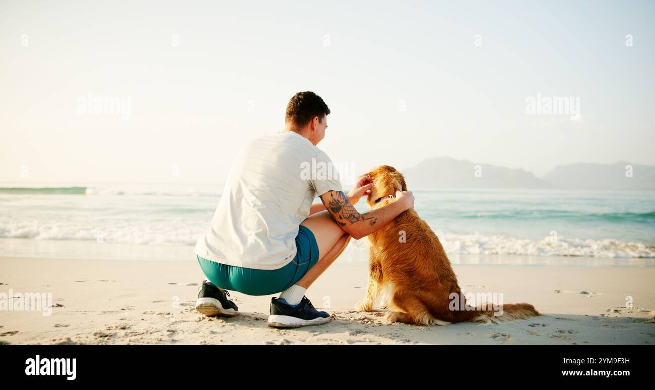View, man and affection to dog at beach for nature scenery, sightseeing ...