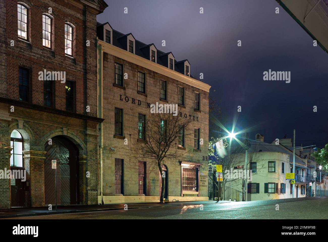 A night view of historic buildings on Argyle Place in Millers Point in ...