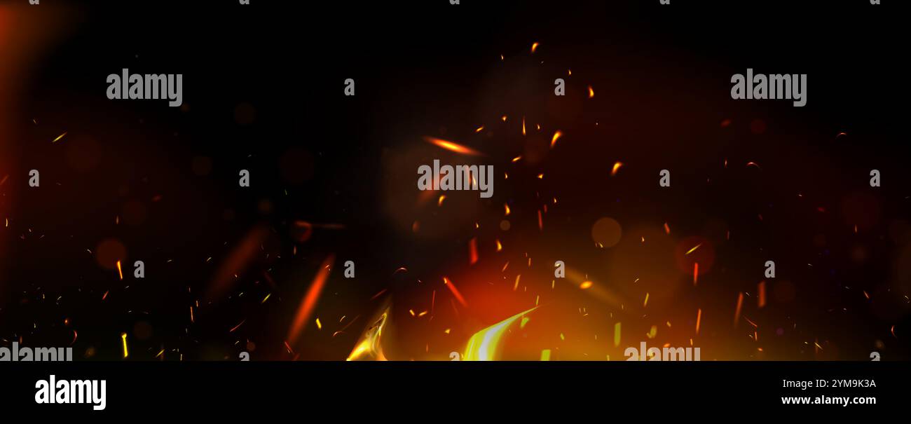 Glowing fire sparks rise on dark background. Bright embers scatter ...