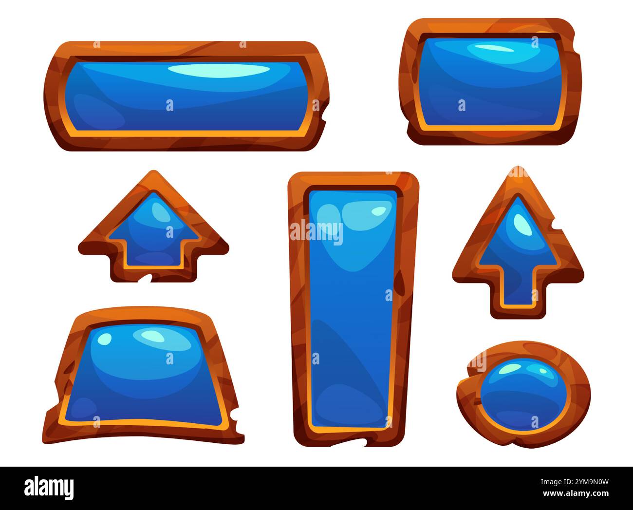 Game wood button, ui frame and arrow cartoon sign. Blue interface design gui set with icon and ...