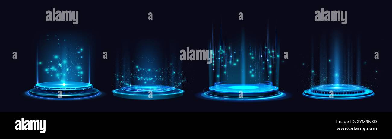 Futuristic hologram platforms with blue glowing neon lights, sparkling ...