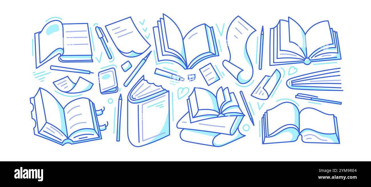 Open books, paper scroll collection. Sketch line doodle set on white ...