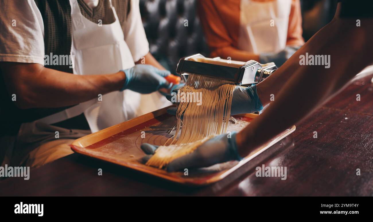 Hands, ramen and meal prep with noodle cutter, cooking class and chef ...