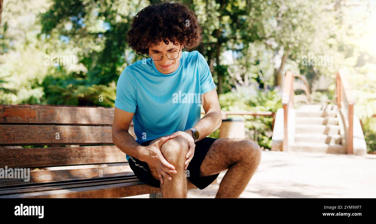 Fitness, man and knee pain of injury at park with tension, muscle cramp ...