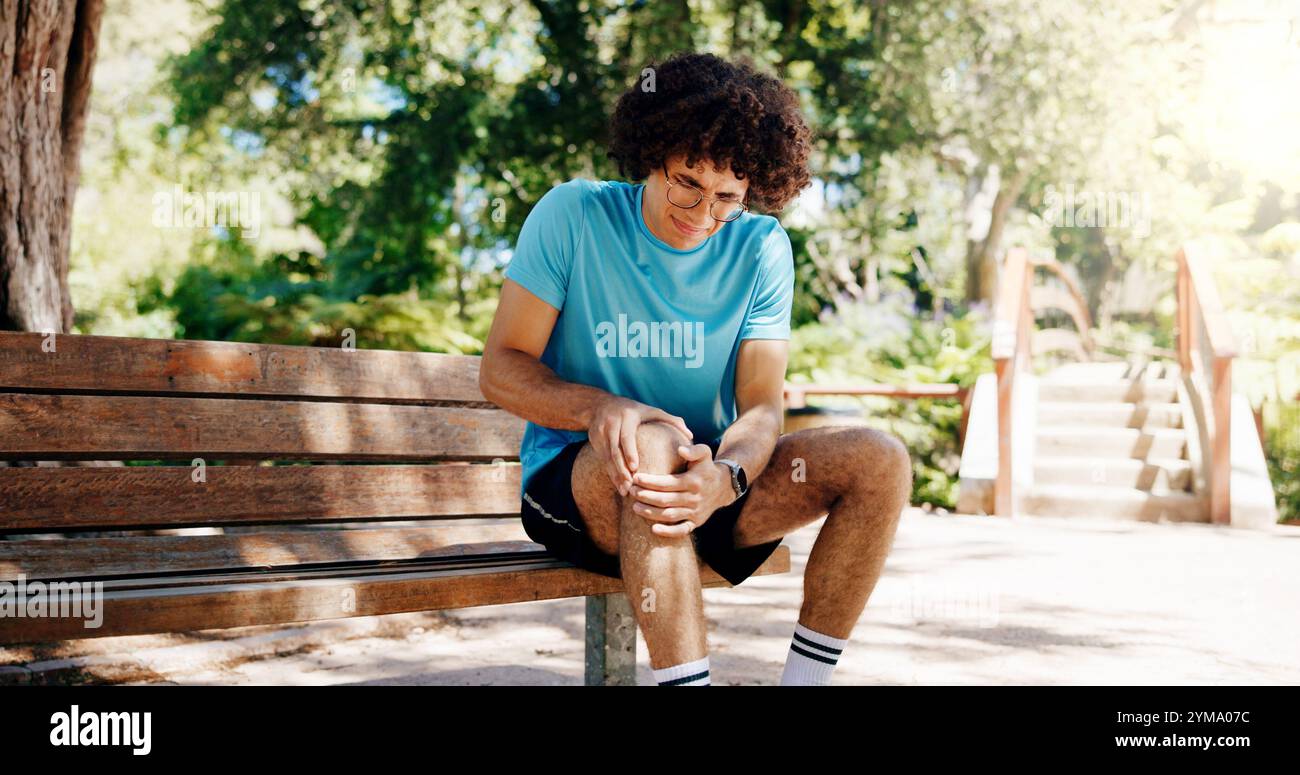 Fitness, man and knee pain of injury in nature with tension, muscle ...