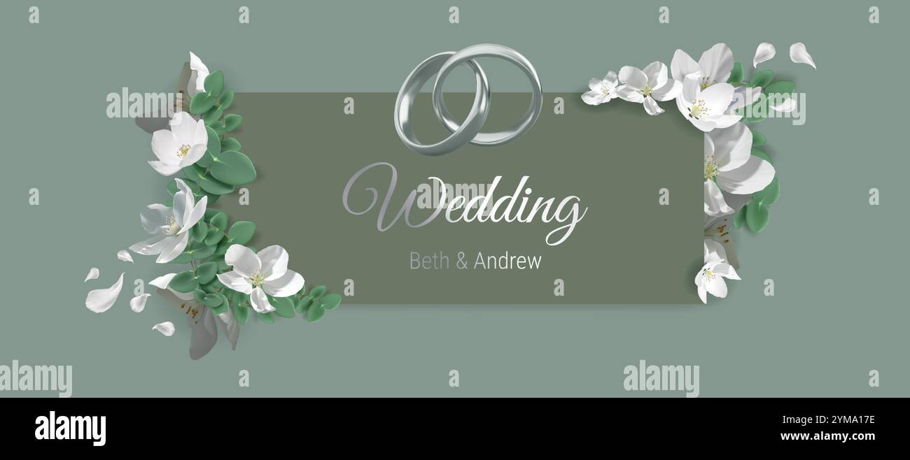 Green wedding invitation banner decorated with silver interlocked bands ...