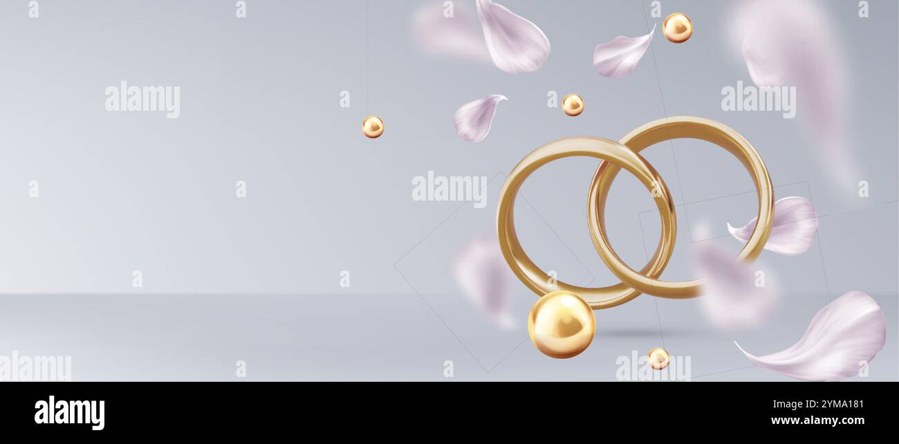 Elegant 3D composition with golden interlocked wedding rings surrounded ...