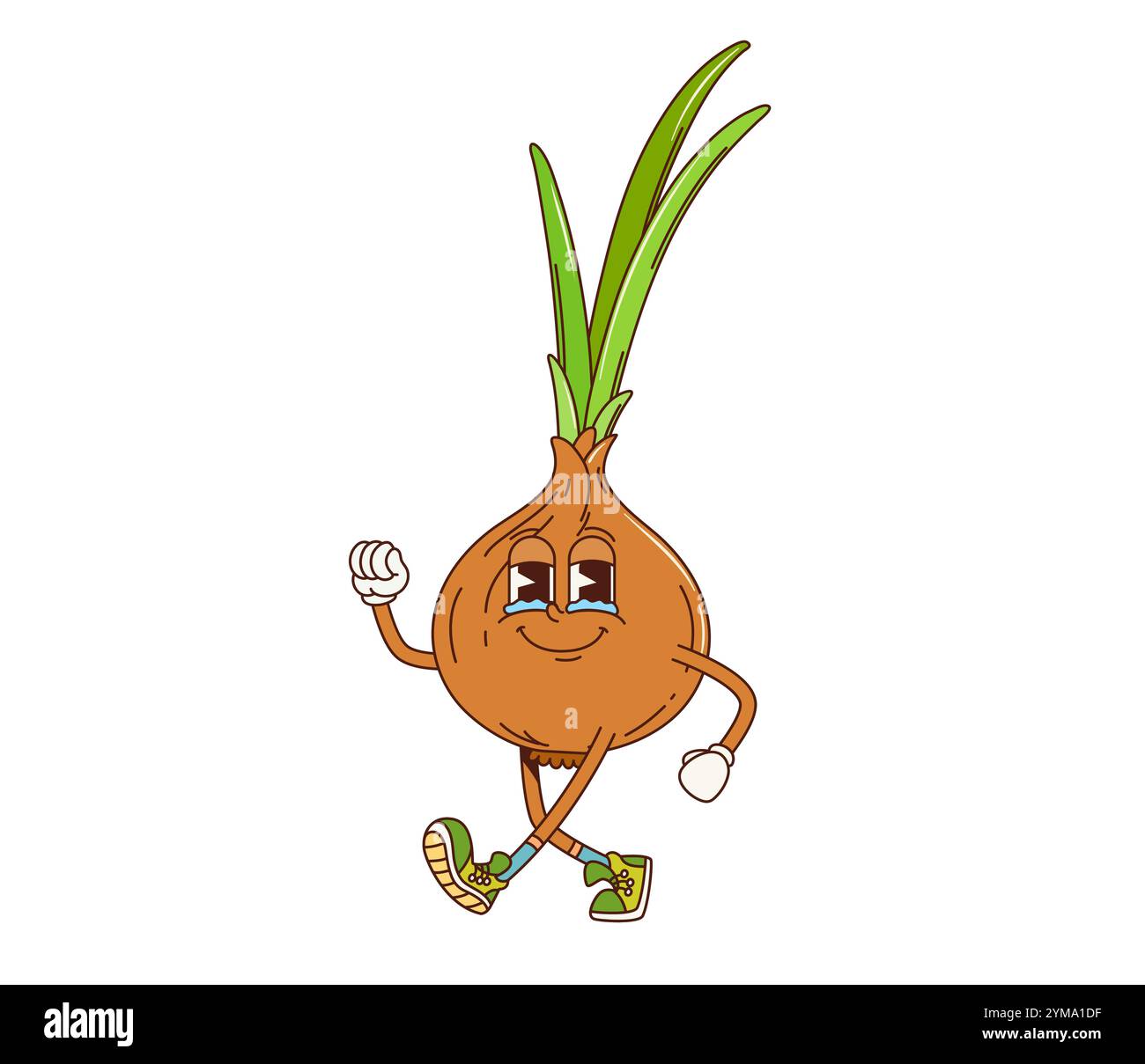 Cartoon groovy onion vegetable character for retro comic food, vector ...