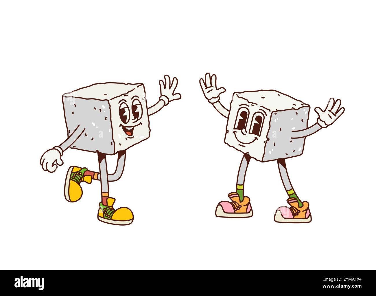 Cartoon retro groovy sugar cube characters with smiling faces ...