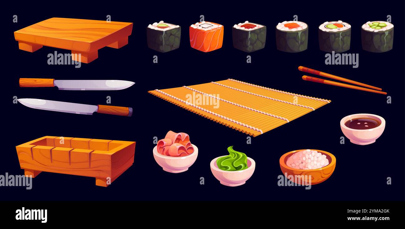 Cartoon japanese utensils for sushi and rolls, asian cuisine food ...