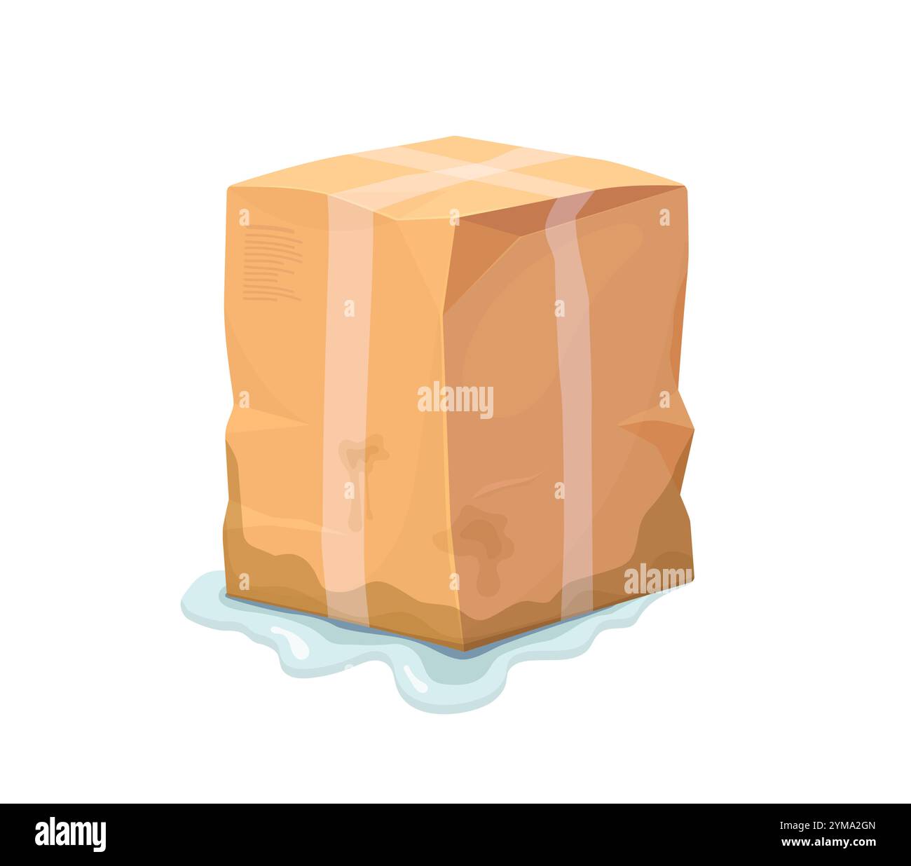 Damaged parcel box or soaked in water with crumpled cardboard, vector delivery accident icon ...
