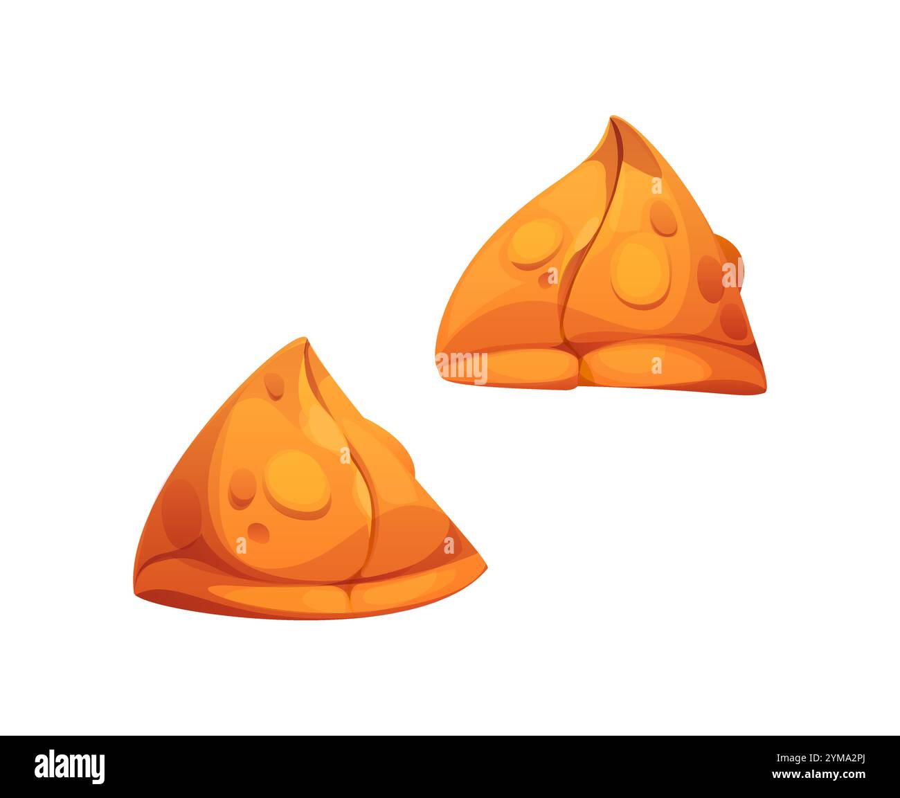 Cartoon fast food samosas with a crispy golden exterior. Isolated vector pair of triangular ...