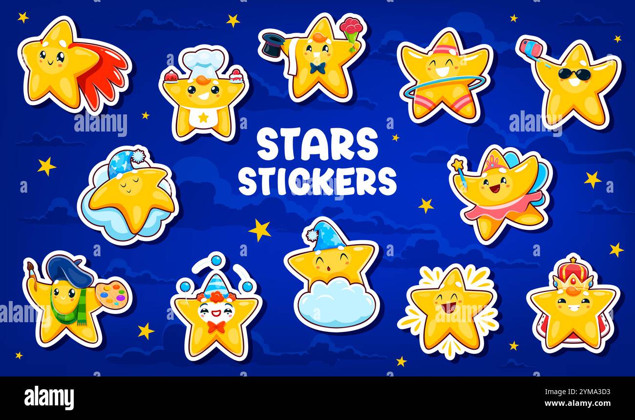 Cartoon kawaii stars twinkle characters stickers. Cute superstars ...