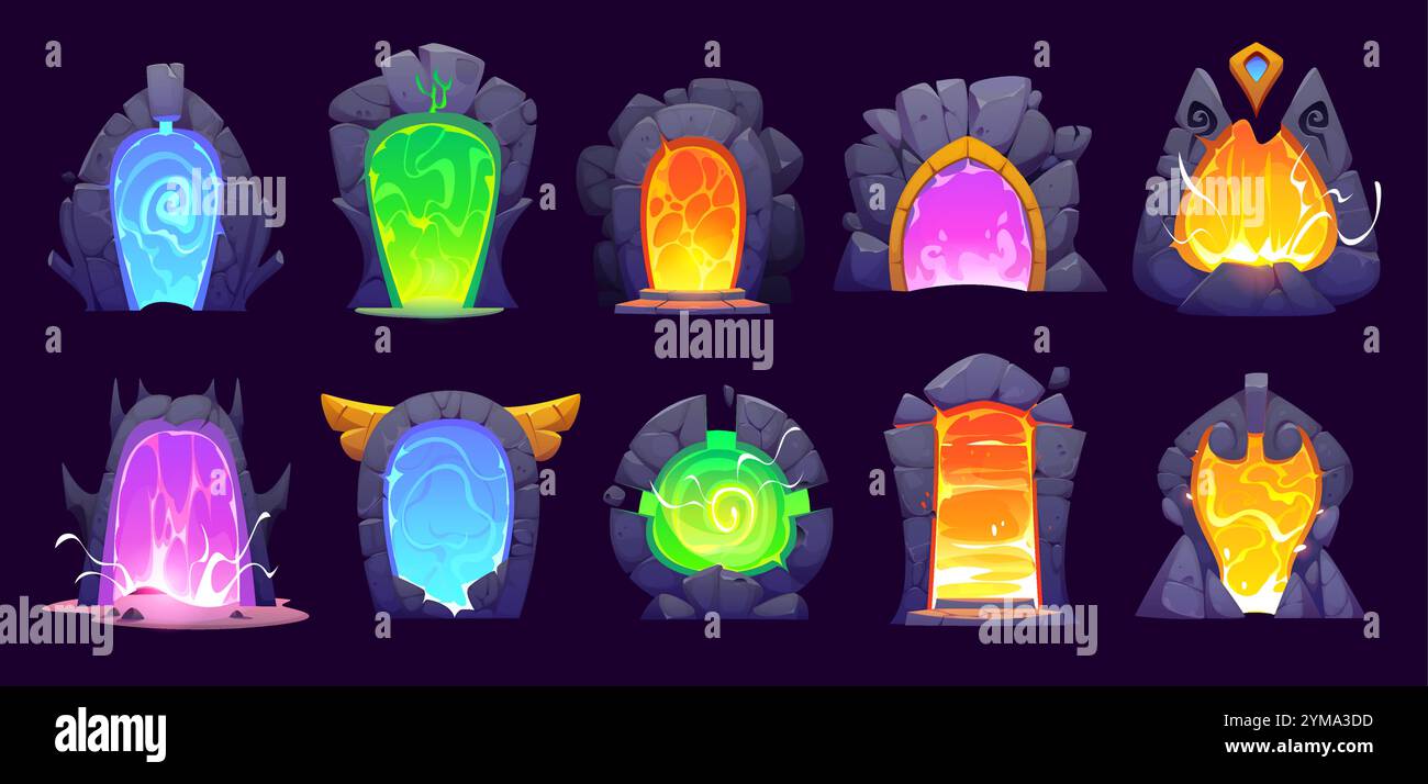Fantasy game magic portal doors for witchcraft game assets, vector ...