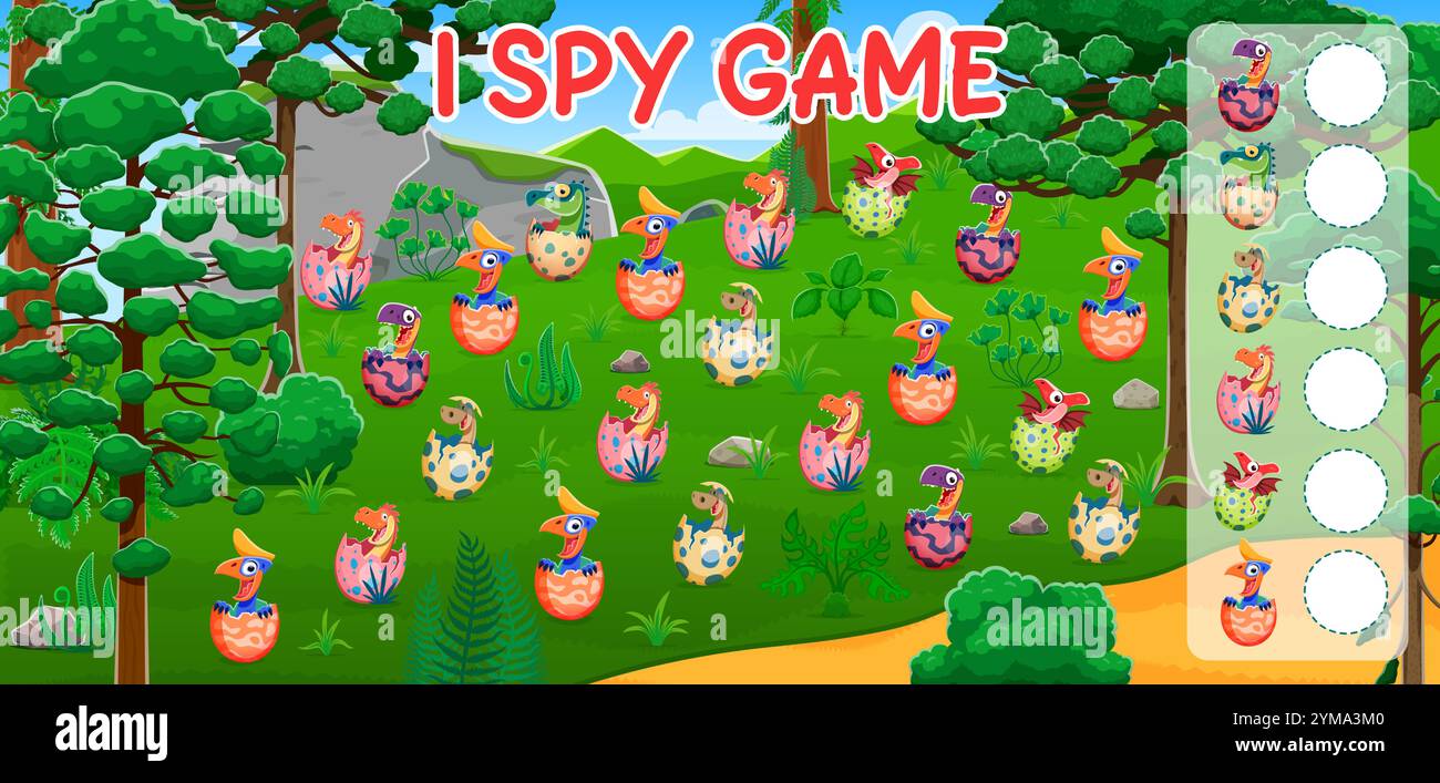 I spy game worksheet with cartoon dinosaur kids. Vector riddle or ...