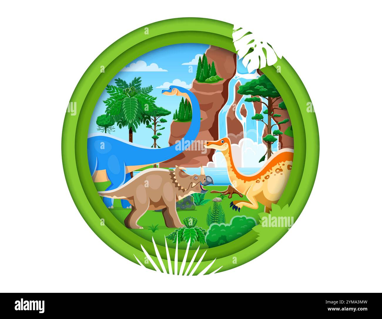 Paper cut prehistoric dinosaurs landscape banner with Jurassic lizard ...