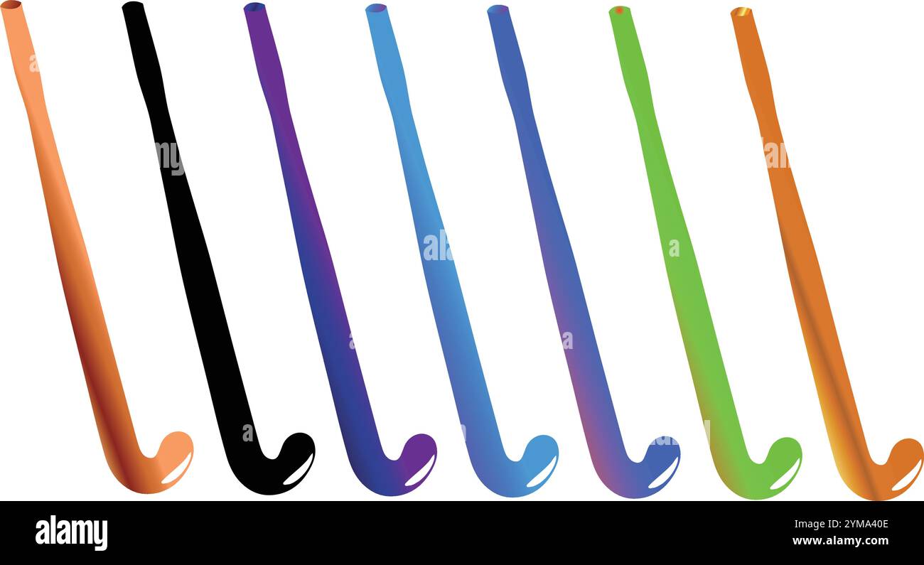 Seven hockey sticks set golden green purple blue black and wooden color ...