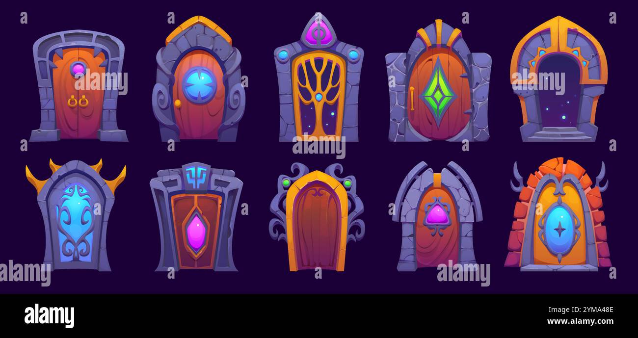 Fantasy magic gate door portals, game asset. Vector cartoon magic gates ...