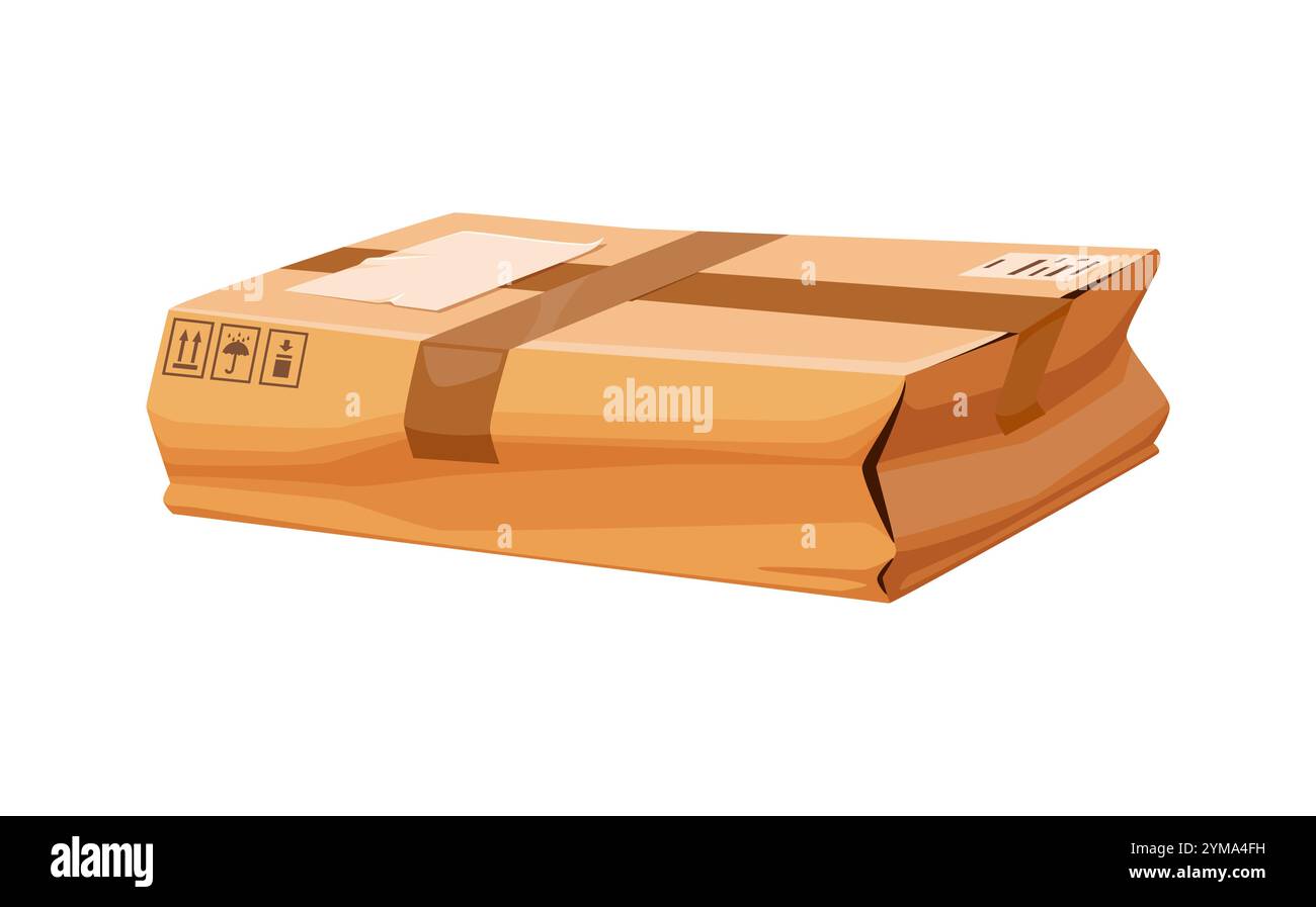 Cartoon damaged box, crumpled post parcel. Broken parcel delivery ... Cartoon damaged box, crumpled post parcel. Broken parcel delivery ...