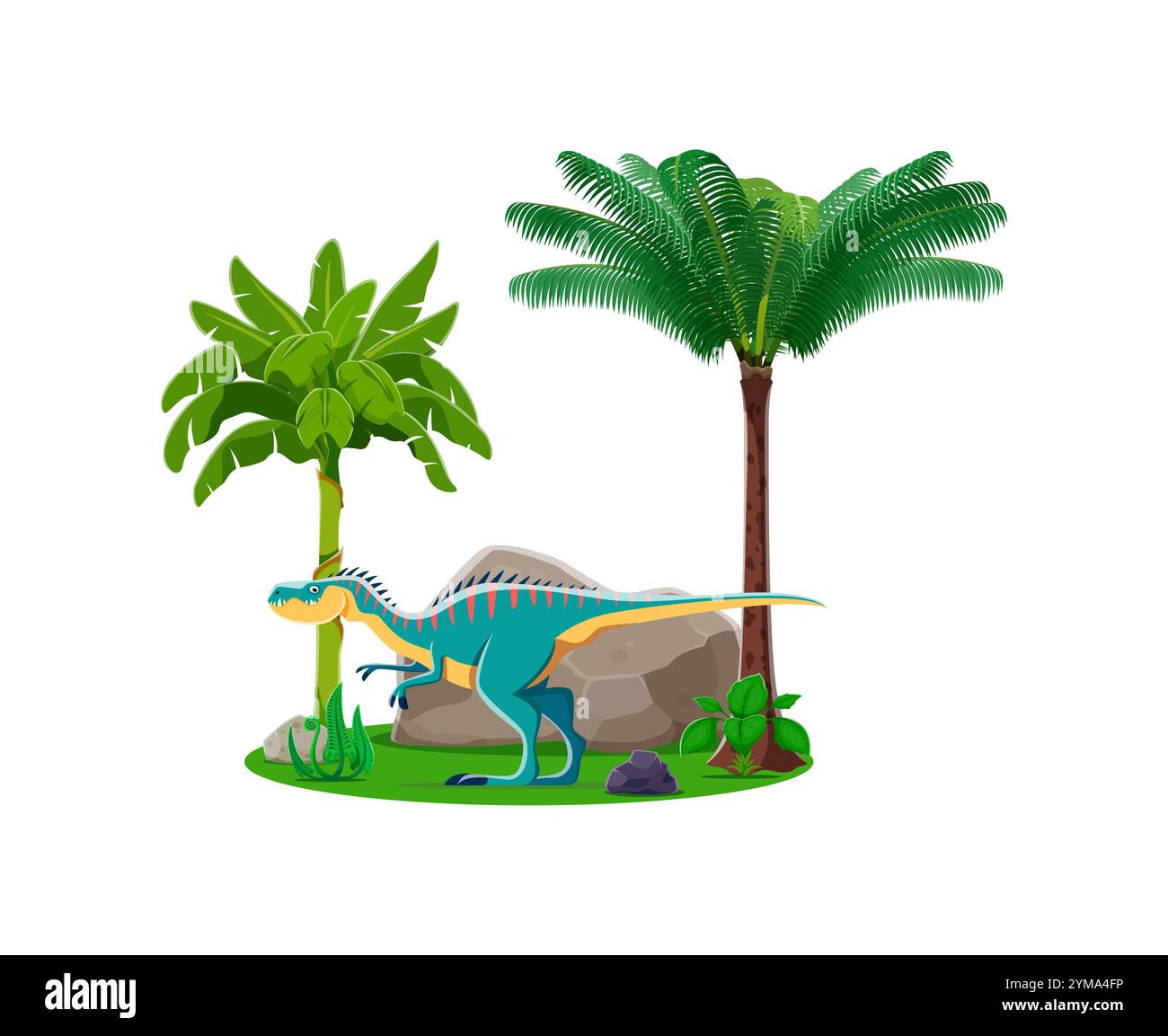 Cartoon prehistoric dinosaur or Allosaurus lizard in jungle forest ...
