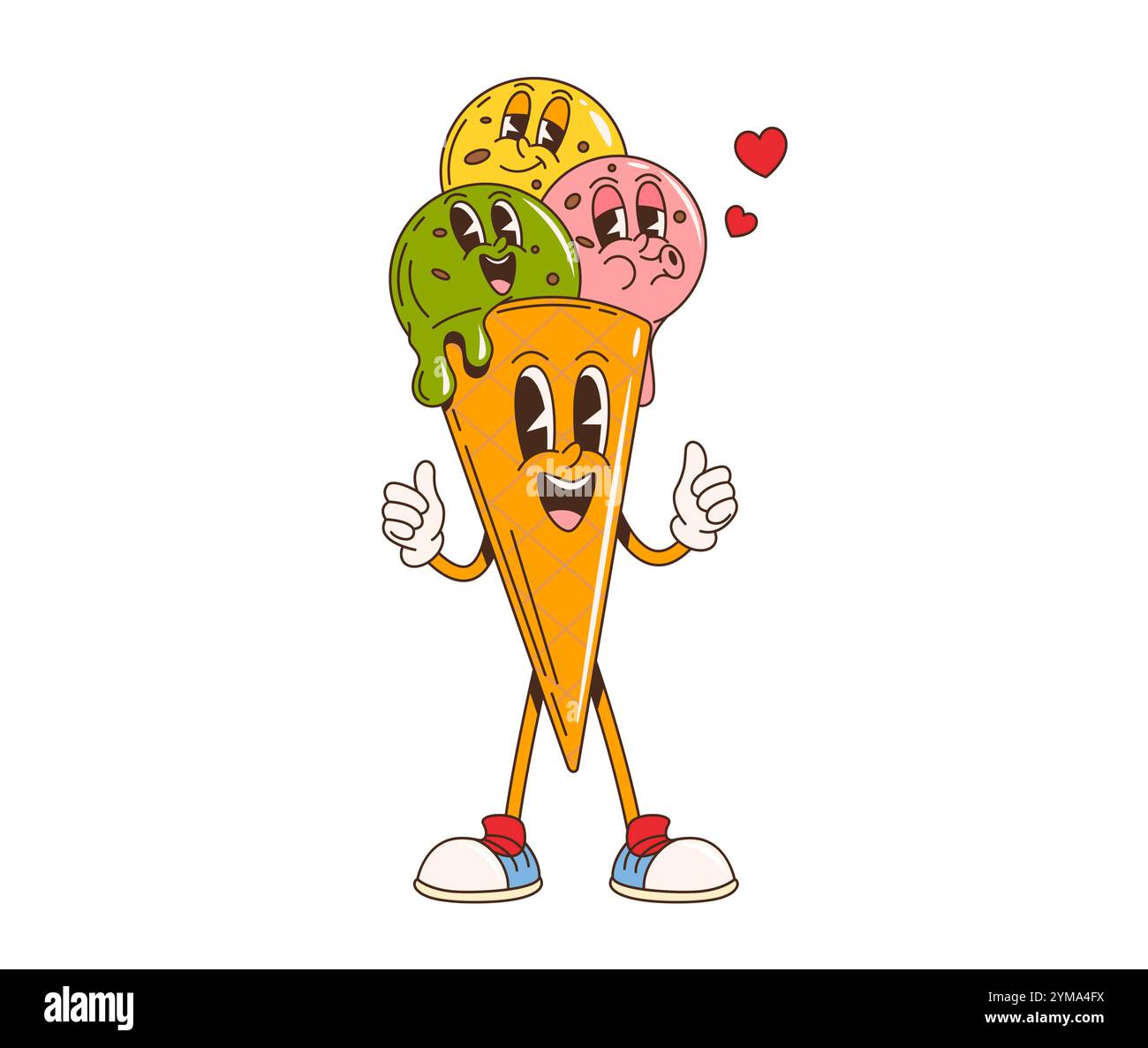 Cartoon retro groovy ice cream character. Vanilla sundae cute cartoon ...