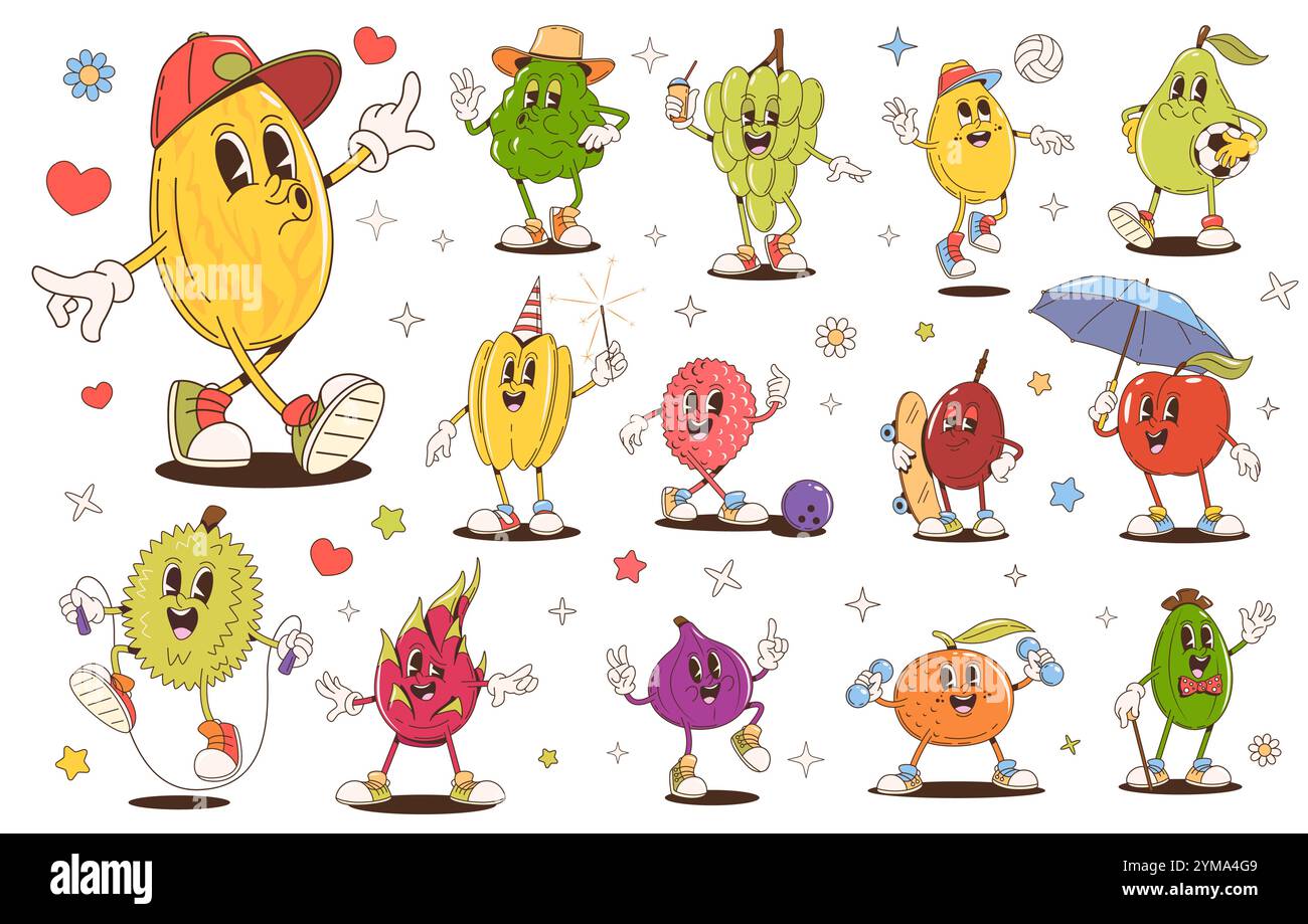 Retro groovy fruit characters of cartoon cute apple, orange, grapes and ...