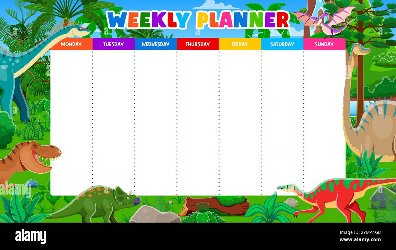 Weekly planner with prehistoric dinosaurs and reptiles of Jurassic era ...