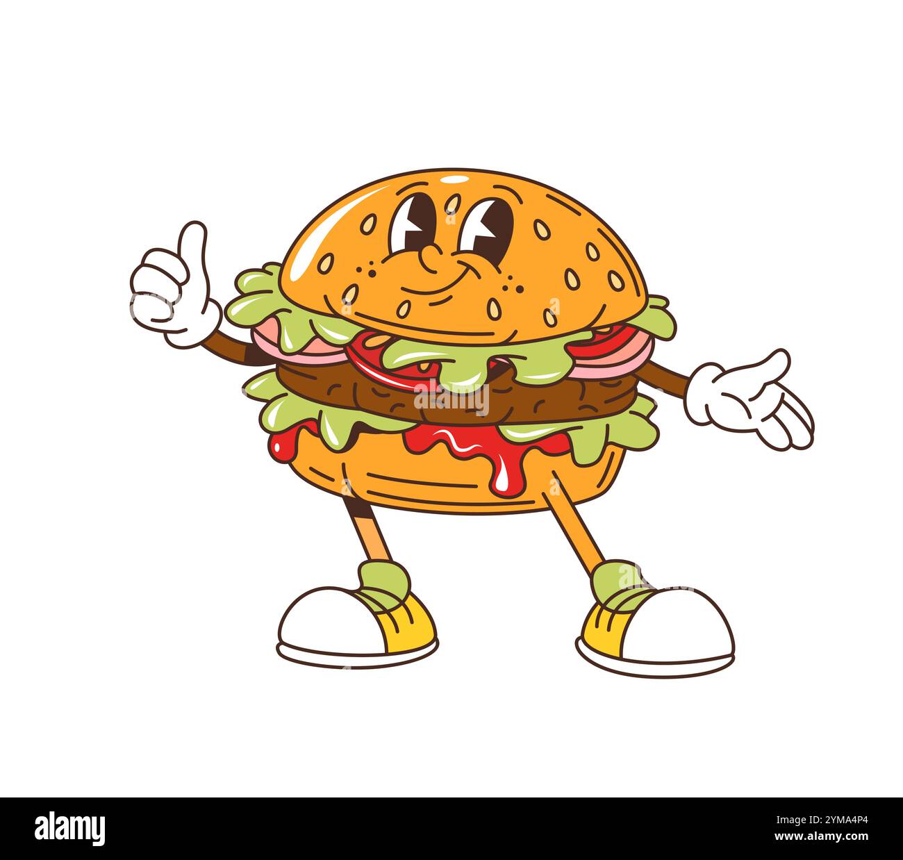 Cartoon retro groovy fast food hamburger character with funny face ...