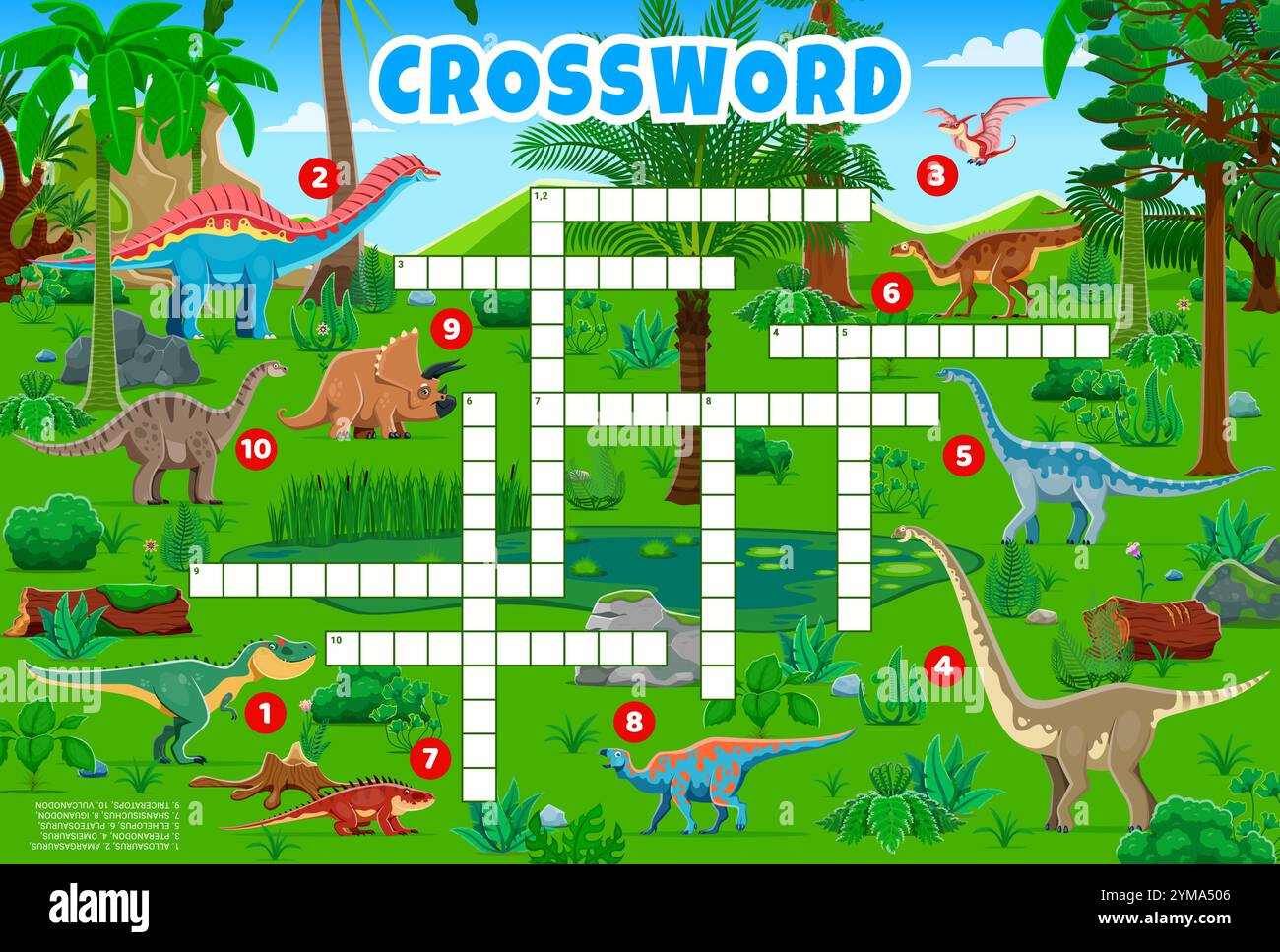 Crossword quiz game grid with prehistoric dinosaur characters. Word ...