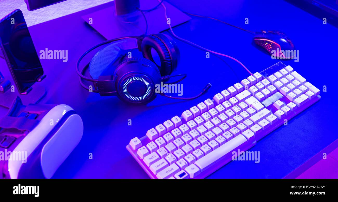 Close up gamer work space gaming set up modern equipment on desk ...