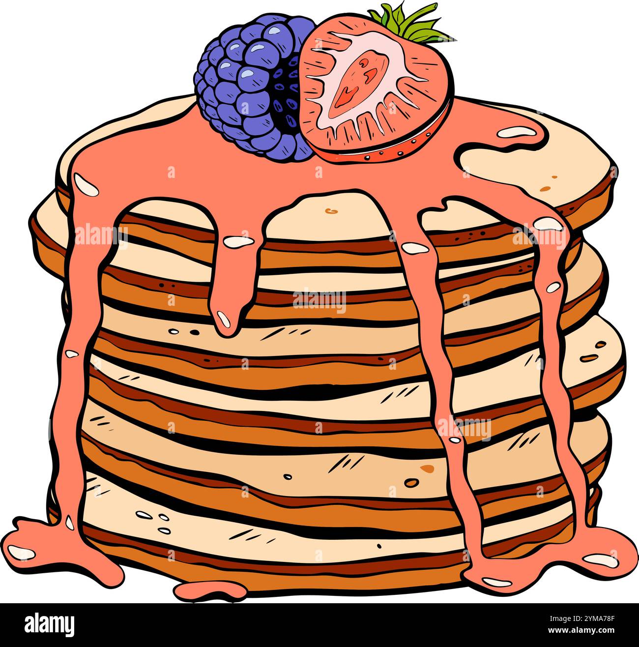 A Delicious Stack of Fluffy Pancakes Topped with Colorful Berries and Sweet Syrup. Vector Stock ...
