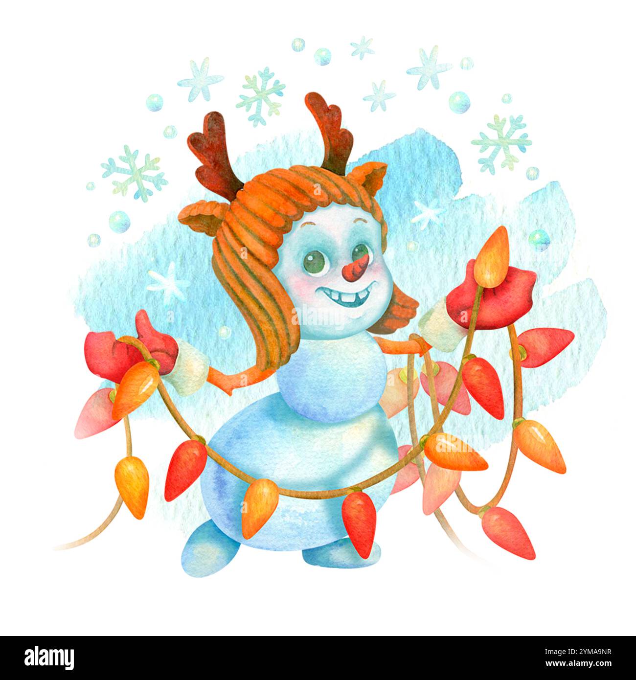 Isolated Christmas clipart with snowman with garland. Cartoon character ...